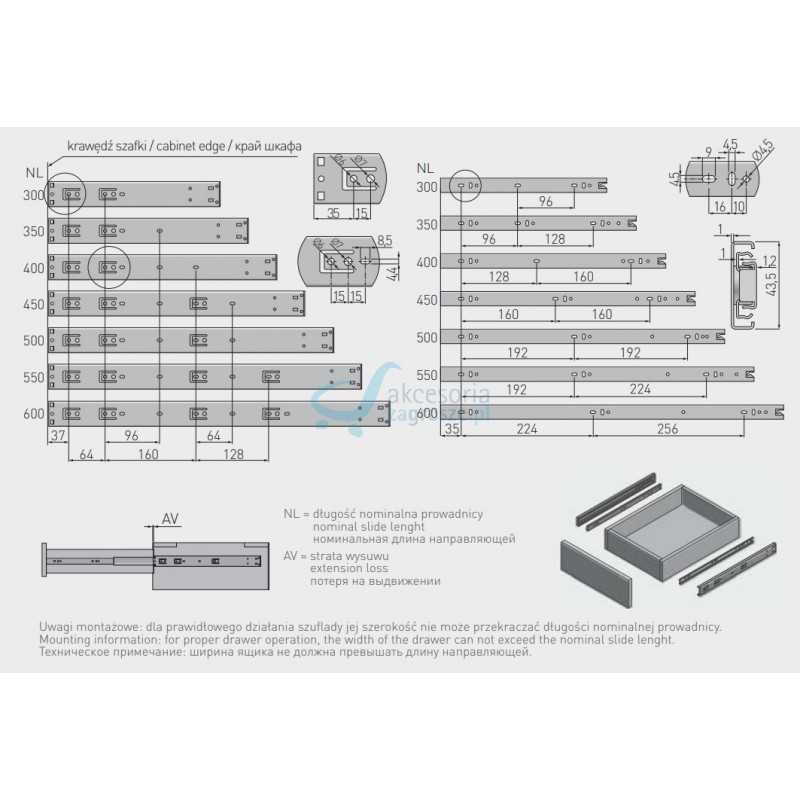 Prowadnica kulkowa Push To Open 500 mm PK-P-H45-500-GX - sklep z akcesoriami meblowymi ...